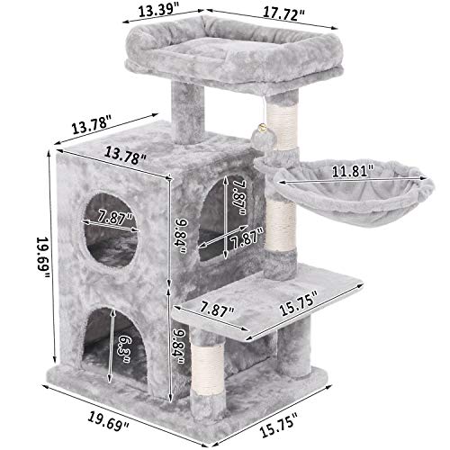 BEWISHOME Cat Tree Condo with Sisal Scratching Posts, Plush Perch, Dual Houses and Basket, Cat Tower Furniture Kitty Activity Center Kitten Play House, Light Grey MMJ06L
