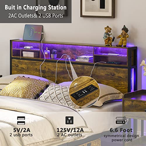 Alohappy Full Size Bed Frame with Led Bookcase Headboard and Charging Station,Metal Platform Bed Frame with RGB Light Strips, Sturdy and No Noise Easy Installation No Box Spring Needed