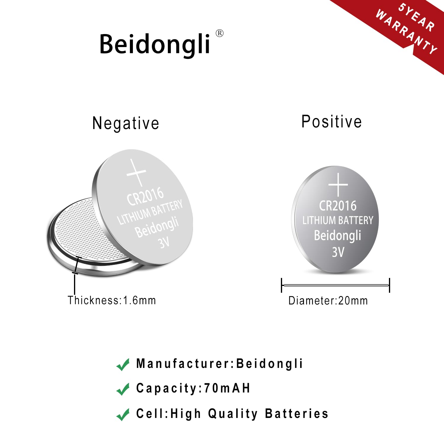Beidongli CR2016 3V Lithium Battery (10-Pack)【5-Year Warranty】