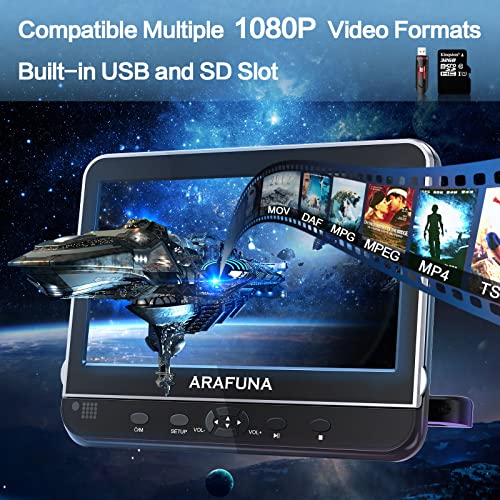 10.1" Car DVD Player with Headrest Mount, ARAFUNA Headrest DVD Player with Headphone, HDMI Input, 1080P Video Support, Clamshell Design & Bottom Speakers, AV in/Out, USB/SD, Regions Free, Last Memory