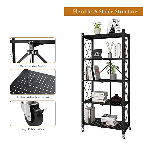 5-Tier Storage Shelves with Wheels, Heavy Duty Metal Shelf, Foldable Shelving Units, Storage Rack, Rolling Shelf No Assembly, Large Capacity Organizer Shelves for Garage Kitchen Warehouse Basement