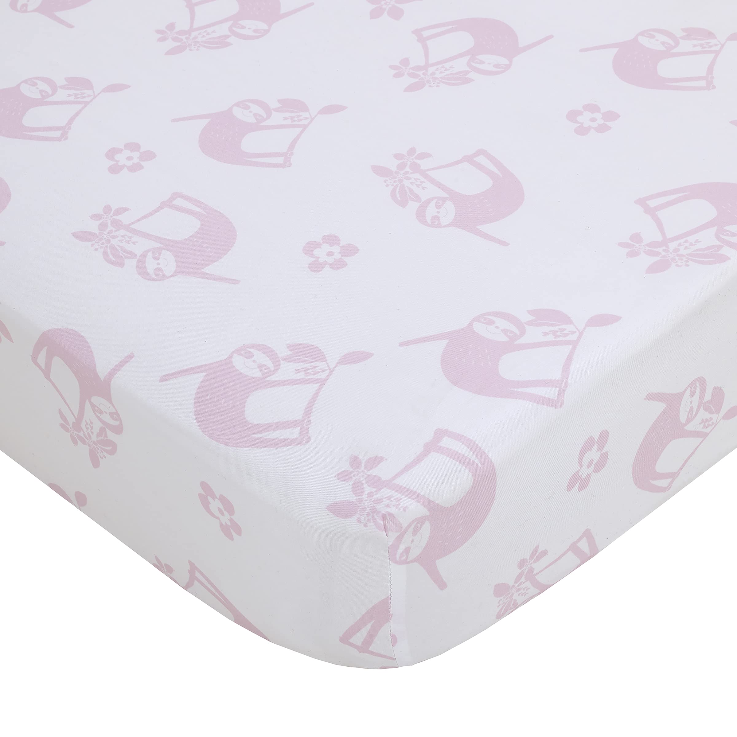 Little Love by NoJo Tropical Garden Pink, Green, and White Jungle Animal 3 Piece Mini Crib Bedding Set - Comforter, Two Fitted Sheets