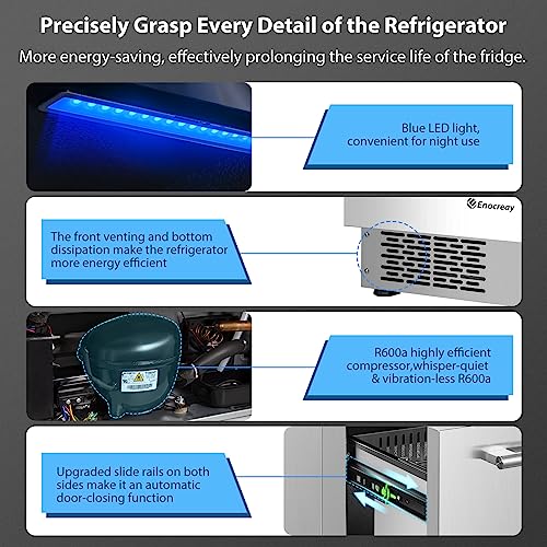 24 Inch Indoor Under Counter Drawer Fridge Stainless Steel Undercounter Refrigerator Freestanding Outdoor Fridge for Home Built-in Commercial Beverage Refrigerator with Dispenser and Digital Display