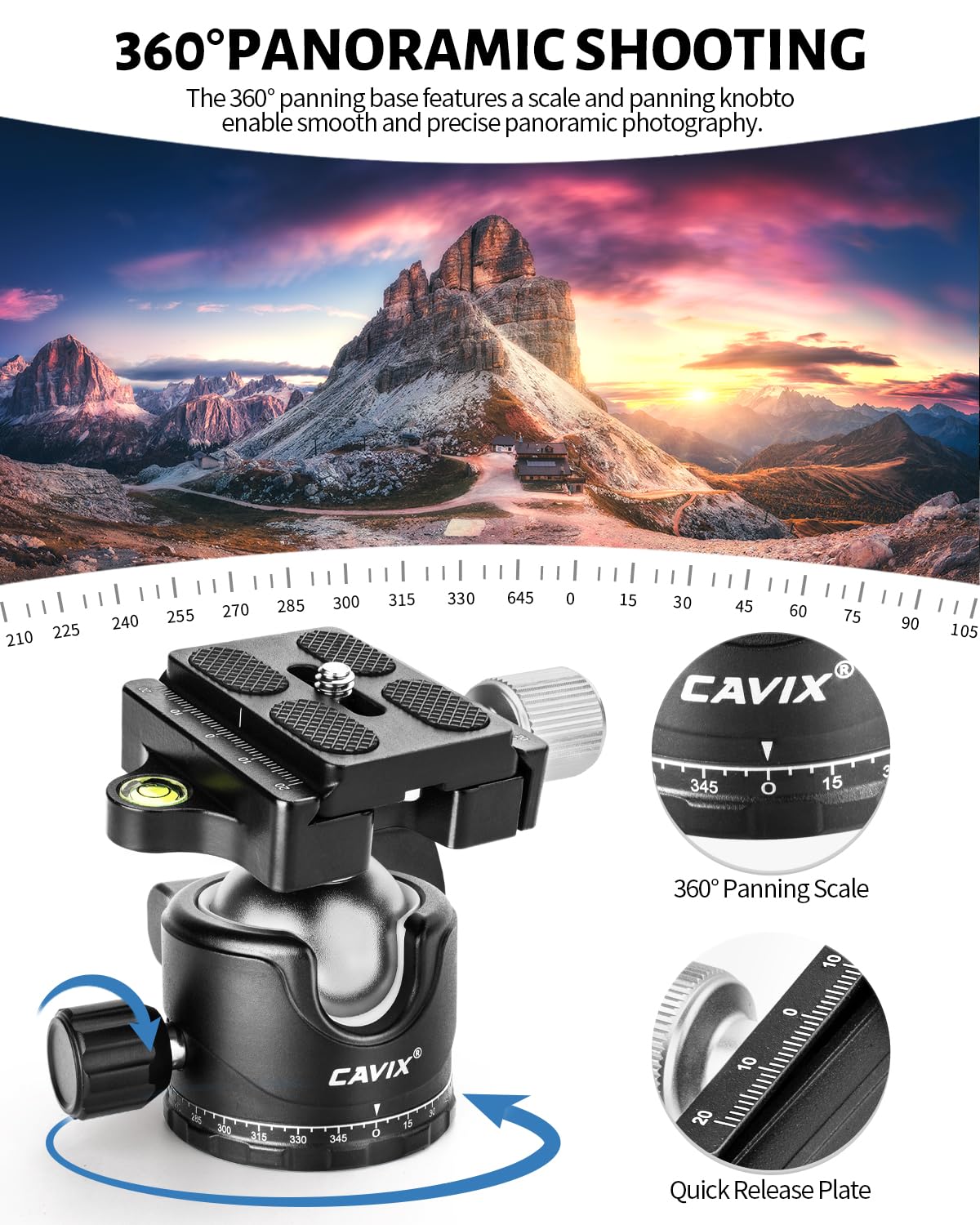 Ball Head Mount, CAVIX 36mm Ball Head Camera Tripod Head with 1/4β Arca Swiss Quick Release Plate for Tripod, Monopod, DSLR, Camera,Load 33lb/15kg