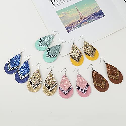 12 Pairs Leather Earrings for Women Layered Leopard Leather Earrings Handmade Colorful Lightweight Big Leather Earrings Dangle