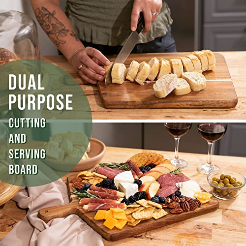 Acacia Wood Cutting Board and Chopping Board with Handle for Meat, Cheese Board, Vegetables, Bread, and Charcuterie - Decorative Wooden Serving Board for Kitchen and Dining Room, Large 17β x 13β