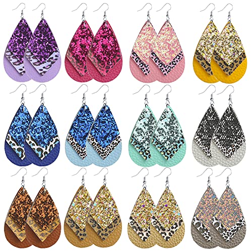 12 Pairs Leather Earrings for Women Layered Leopard Leather Earrings Handmade Colorful Lightweight Big Leather Earrings Dangle