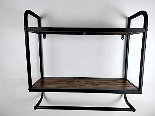 2-Tier Bathroom Shelves Wall Mounted,23.6"L x 7.87"W x 22.8"H, Rustic Wall Shelf Over Toilet,Towel Rack with Towel Bar,Utility Storage Shelf Rack, Floating Shelves Towel Holder,Retro Black