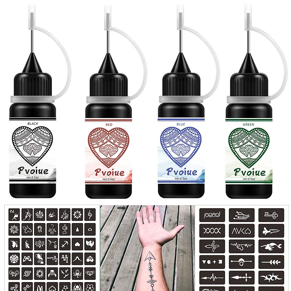 Temporary Tattoo Set, 4 Pcs with Three Colors, 87 Pcs Adhesive Stencil for Women Kids Men Body Markers - 4 Bottles