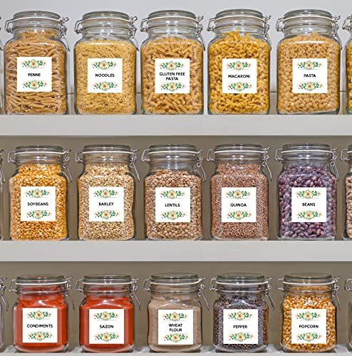 144 Pantry Labels for Food Storage Containers, Waterproof Printed on White Glossy Labels, Household Stickers + Numbers, Floral Kitchen, Water Resistant, Organization for Jars and Canister