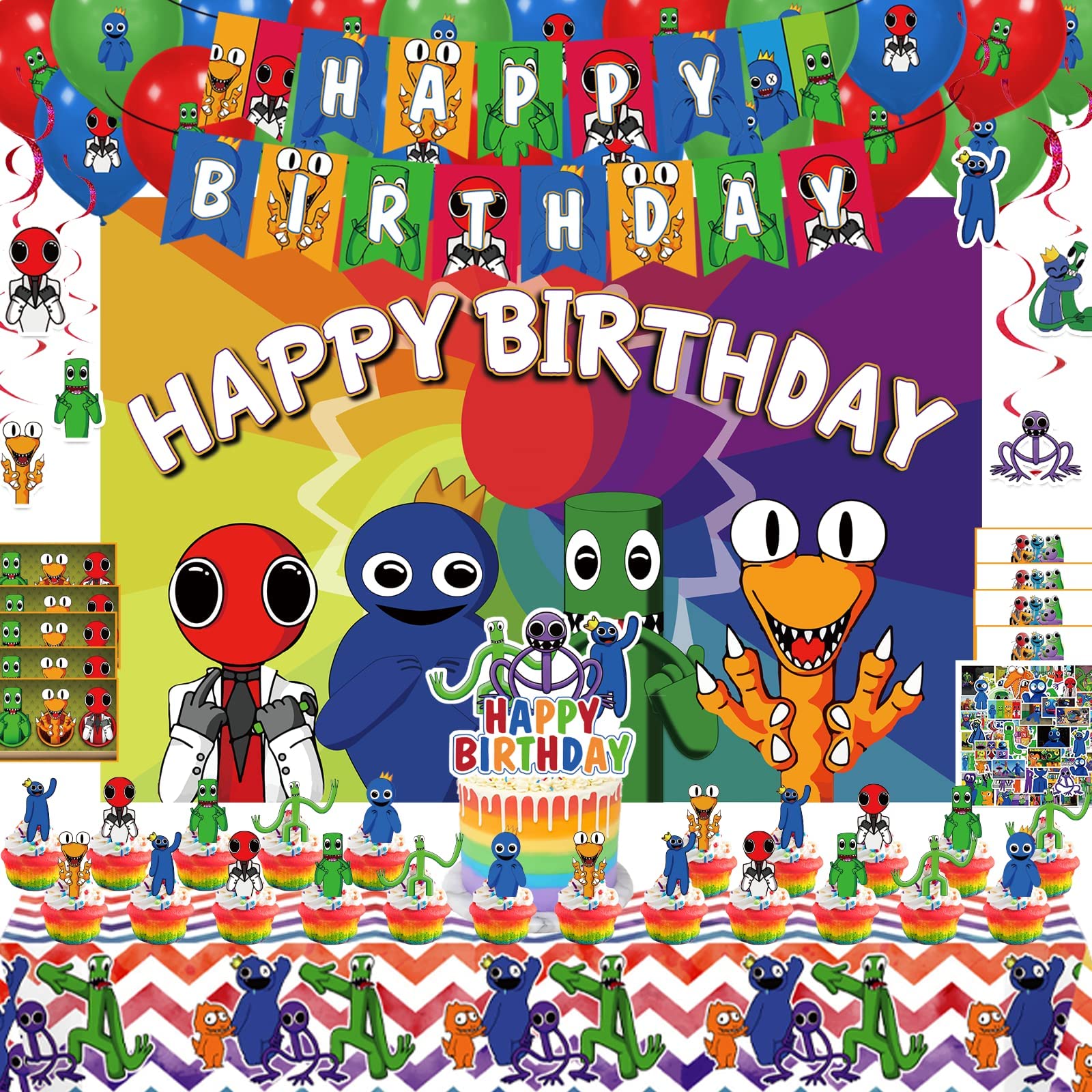 118PCS Rainbow Birthday Decorations,Rainbow Party Supplies Include Banner, Tablecloth, Cake Topper, Cupcake Toppers,Backdrop, Hanging Swirls,Invitation Cards and Stickers
