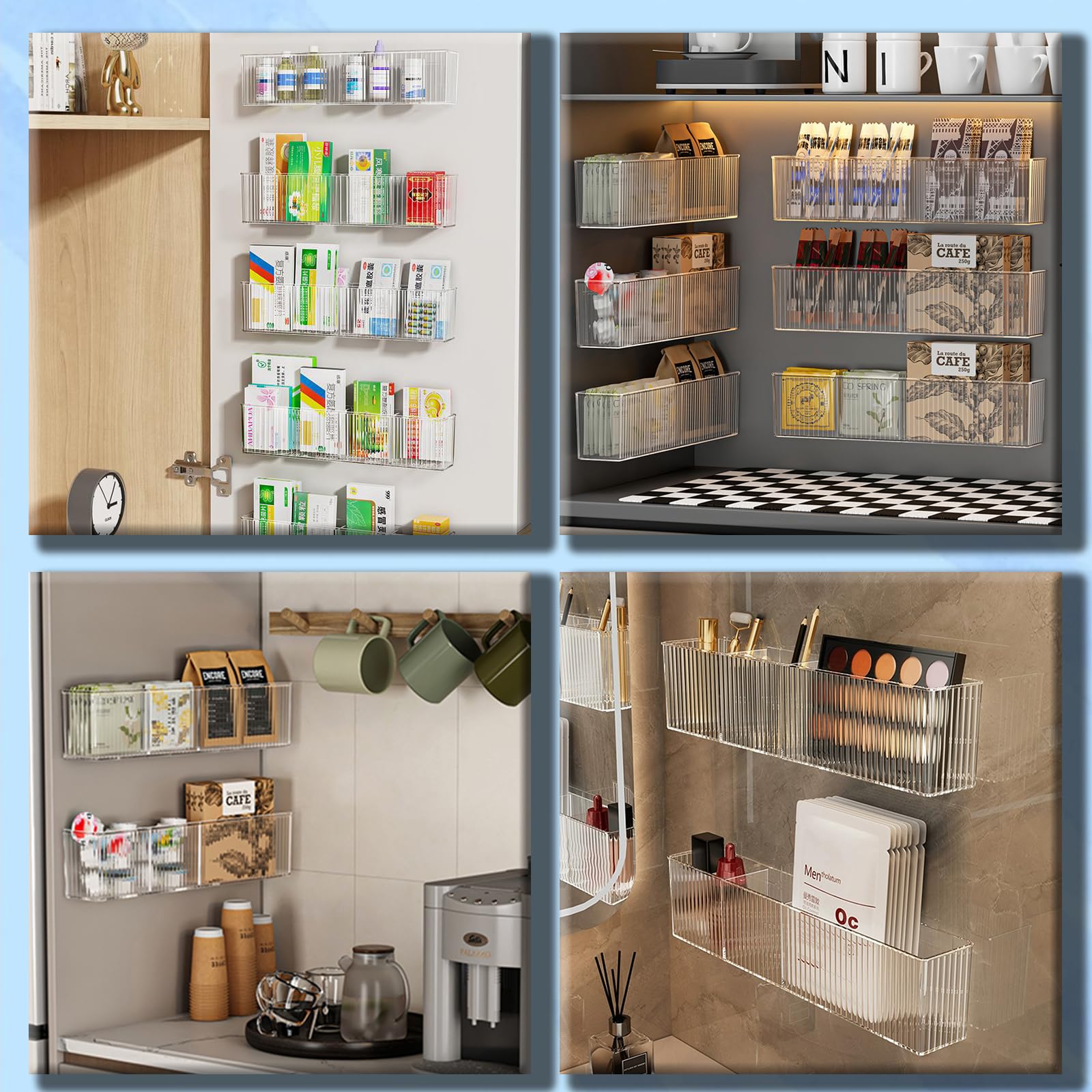 2 Pack Bathroom Makeup Organizer Wall Mount Clear Bathroom Organizers and Storage with 3 Compartments Plastic Storage Organizer Bins Floating Shelves for Wall, Narrow Space, Office, Bedroom 14''Length