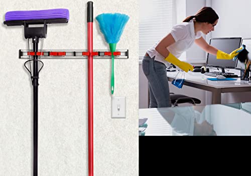 Alpine Industries Mop and Broom Holder Track - 5 Hooks 4 Holders Sliding Cleaning Tool Organizer - Heavy-Duty Adjustable Wall Mount Space Saving Storage Solution (4 Holders - 5 Hooks)