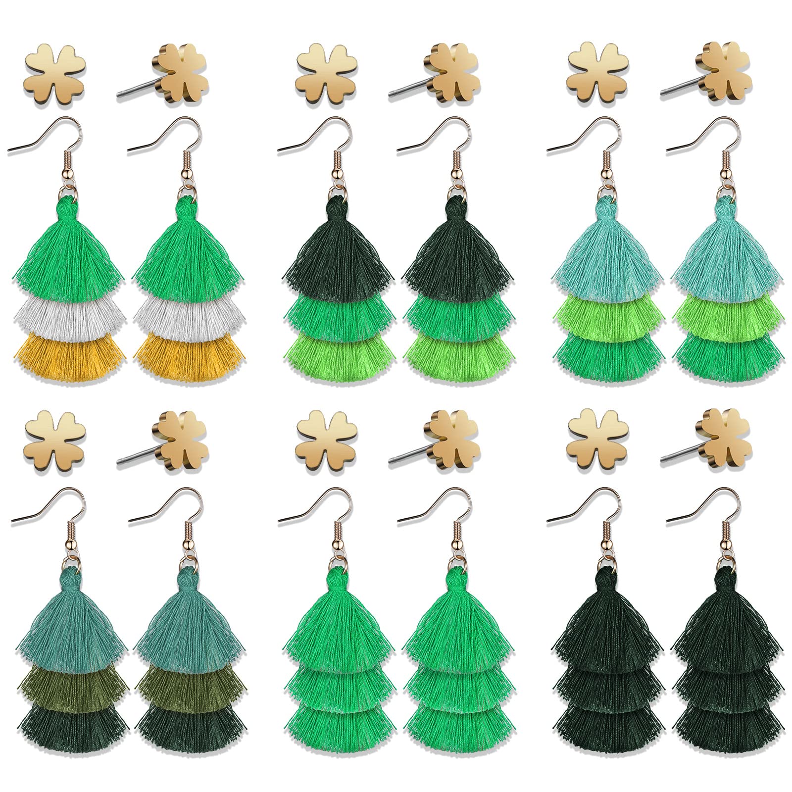 12 Pairs St. Patrick's Day Earrings Include 6 Pair St. Patrick's Day Layered Green Tassel Drop Earrings 6 Pair Irish Four Leaf Clover Shamrock Gold Stud Earring with Clear Earring Back for Women Girl