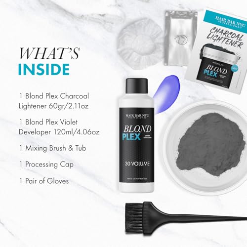HAIR BAR NYC Blond Plex Extreme 10X Lightener + 30 Volume Anti-Yellow Violet Developer Kit - Black/Charcoal Dust-Free Hair Bleach with Keratin & Bond Building, Cool-Toned, Bright Finish Kit 60g/2.11oz