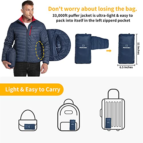 33,000ft Men's Lightweight Packable Insulated Puffer Winter Jacket, Water-Resistant Warm Quilted Down Alternative Puffy Coat