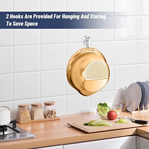 2pcs Multifunctional Drain Basin And Vegetable Washing Basin, Rice Washing Bowl with Strainer, Stainless Steel Side Drainers for Fruits, Vegetables and Beans Versatile Kitchen Tool (Gold)