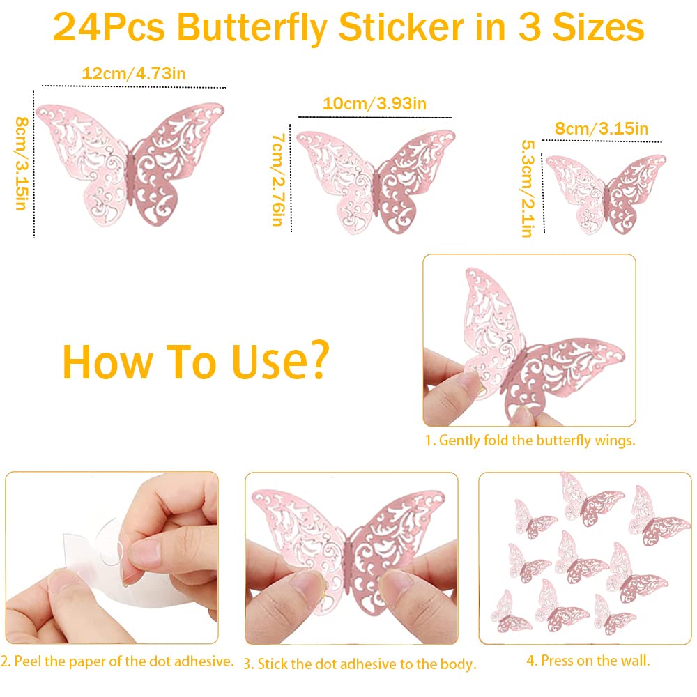 3D Butterfly Wall Decals, 48pcs 3 Sizes 3D Butterfly Wall Stickers Butterfly Wall Decor Decal Removable Mural for Bedroom Living Room Nursery Classroom Offices Wedding Party Cake Decoration(Rose Gold)