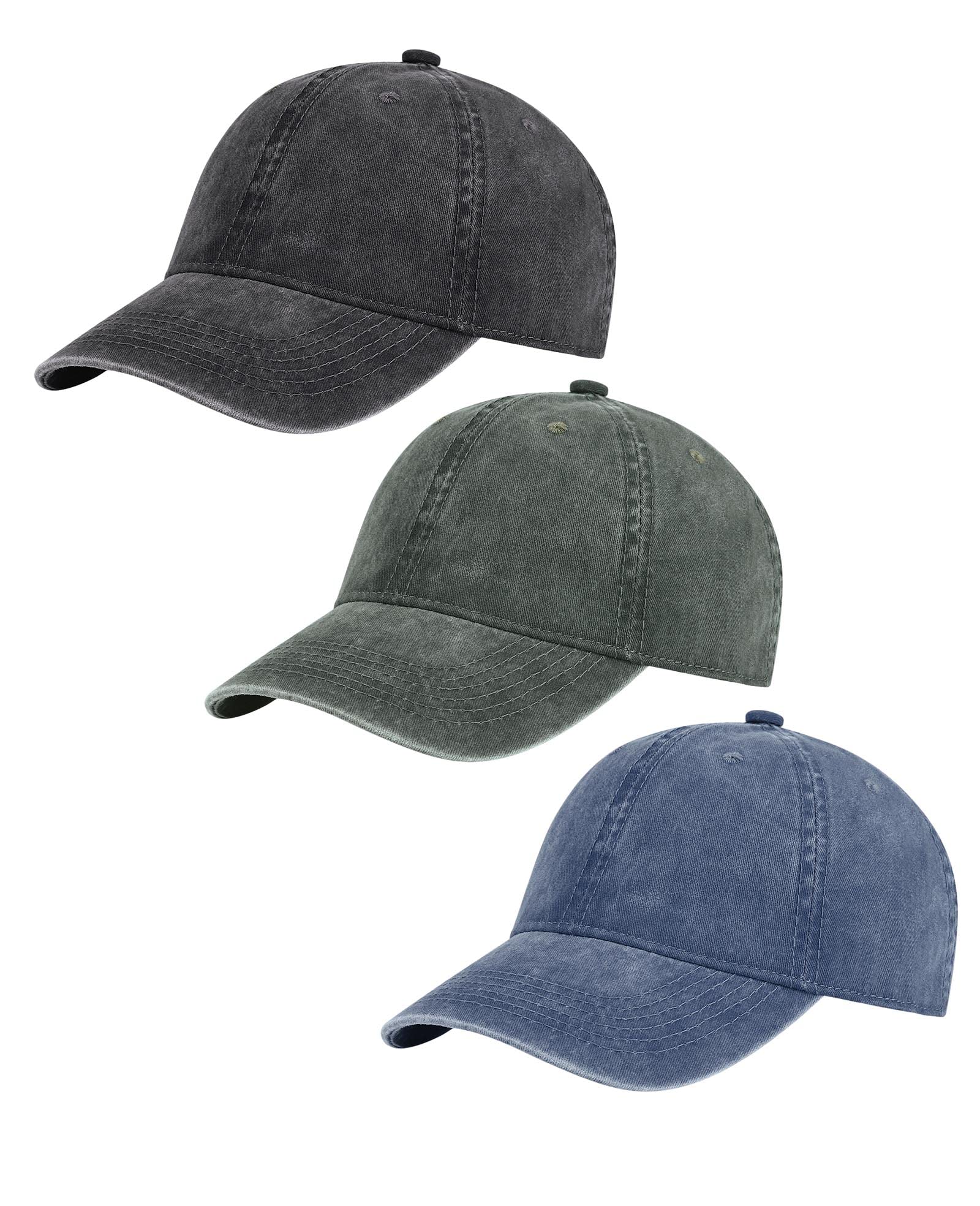 3 Pack Vintage Washed Cotton Adjustable Distressed Baseball Caps Men Women Summer Unstructured Soft Low Profile Blank Plain Ball Cap Outdoor Workout Fitness Sport Running Dad Hat Black Green Navy