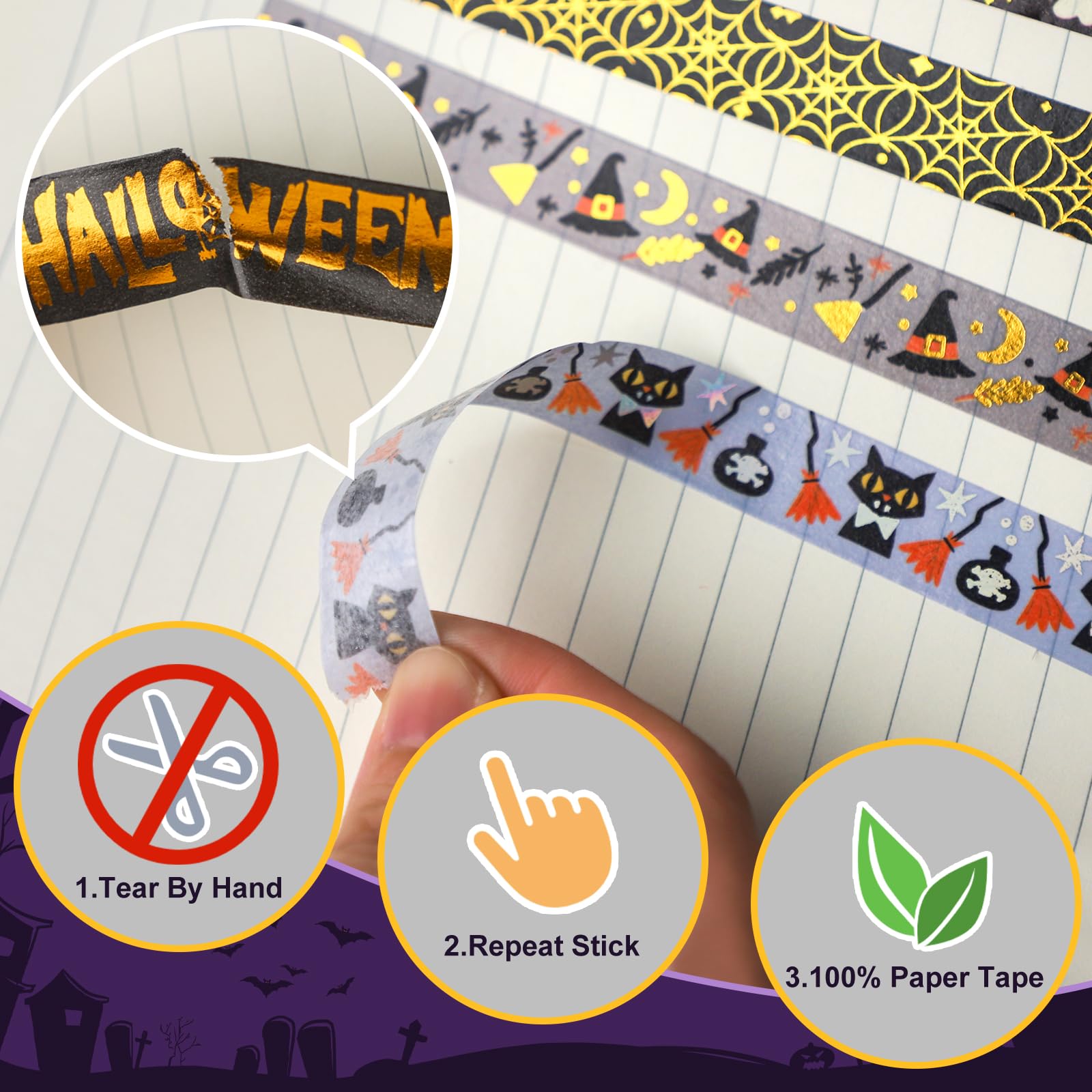 16 Rolls Halloween Washi Tape Holiday Masking Tape Black Halloween Stickers Glod Foil Decorative Tape for Halloween Scrapbook Journal DIY Craft Gift Wrapping(Halloween