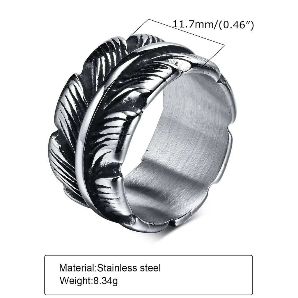 11mm Stainless Steel Retro Vintage Leaf Feather Style Wedding Band Statement Cocktail Parrty Statement Ring (Silver, 8)