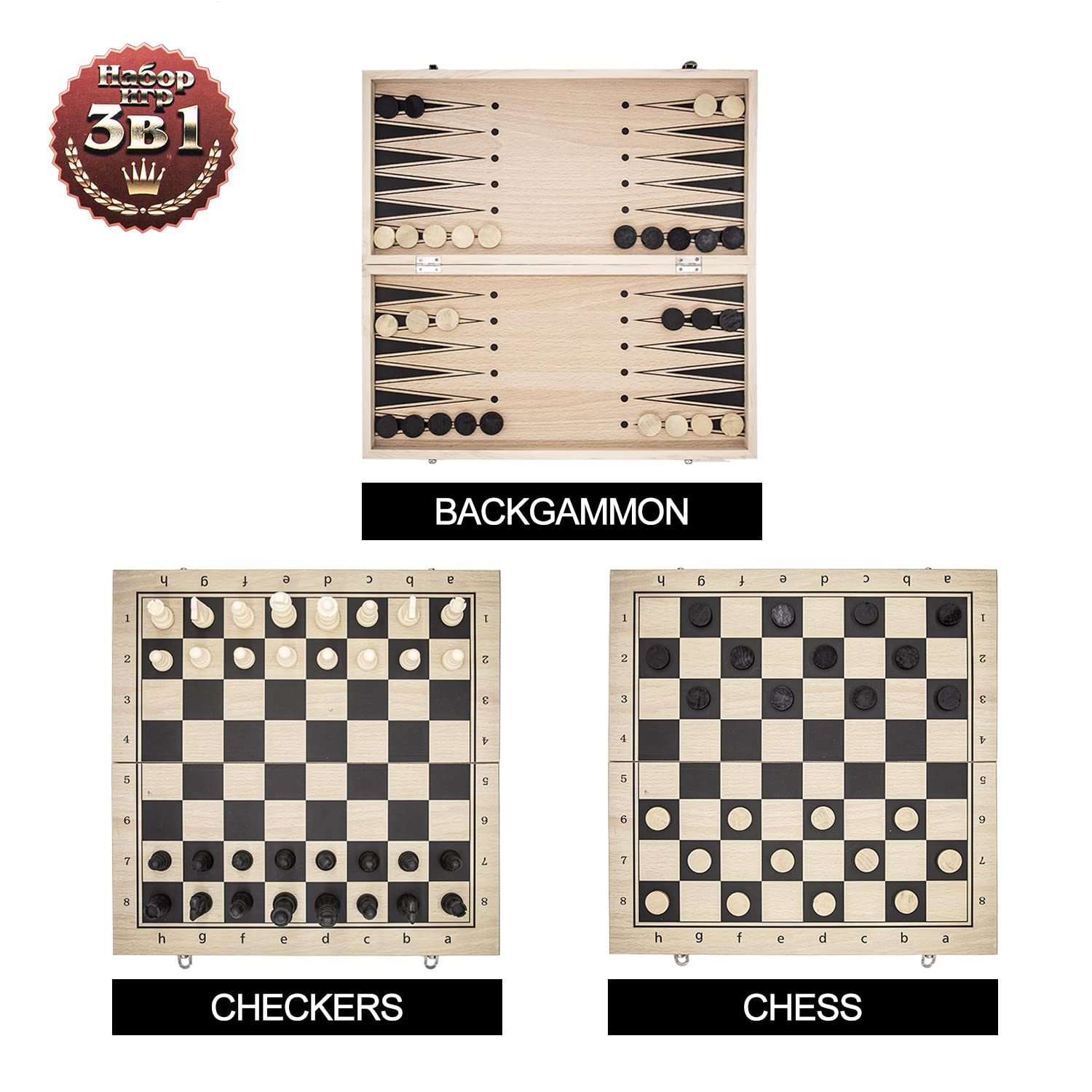 15" Classic Staunton Wooden Chess&Checkers Set with Folding Chess Board Chess&Checkers Pieces 2 Extra Queens,3 in 1 Board Games Includes Chess Checkers Backgammon