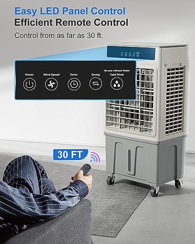 35’’ Portable Air Conditioner 3-IN-1 Evaporative Cooler, 30Ft Remote, 3 Speeds, 2800 CFM, 100 Degree Swing, 1050 sq. ft. coverage, 24H Timer, 6.8 Gallon Tank, 4 Ice Packs for Garage Patio Outdoor
