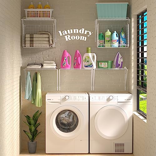 2 Pack Laundry Room Shelves Wall Mounted with Wire Baskets, Over the Washer and Dryer Shelf with Clothes Drying Rack, 8 Hooks，Wire Shelves Baskets for Laundry Closet Organization and Storage, White