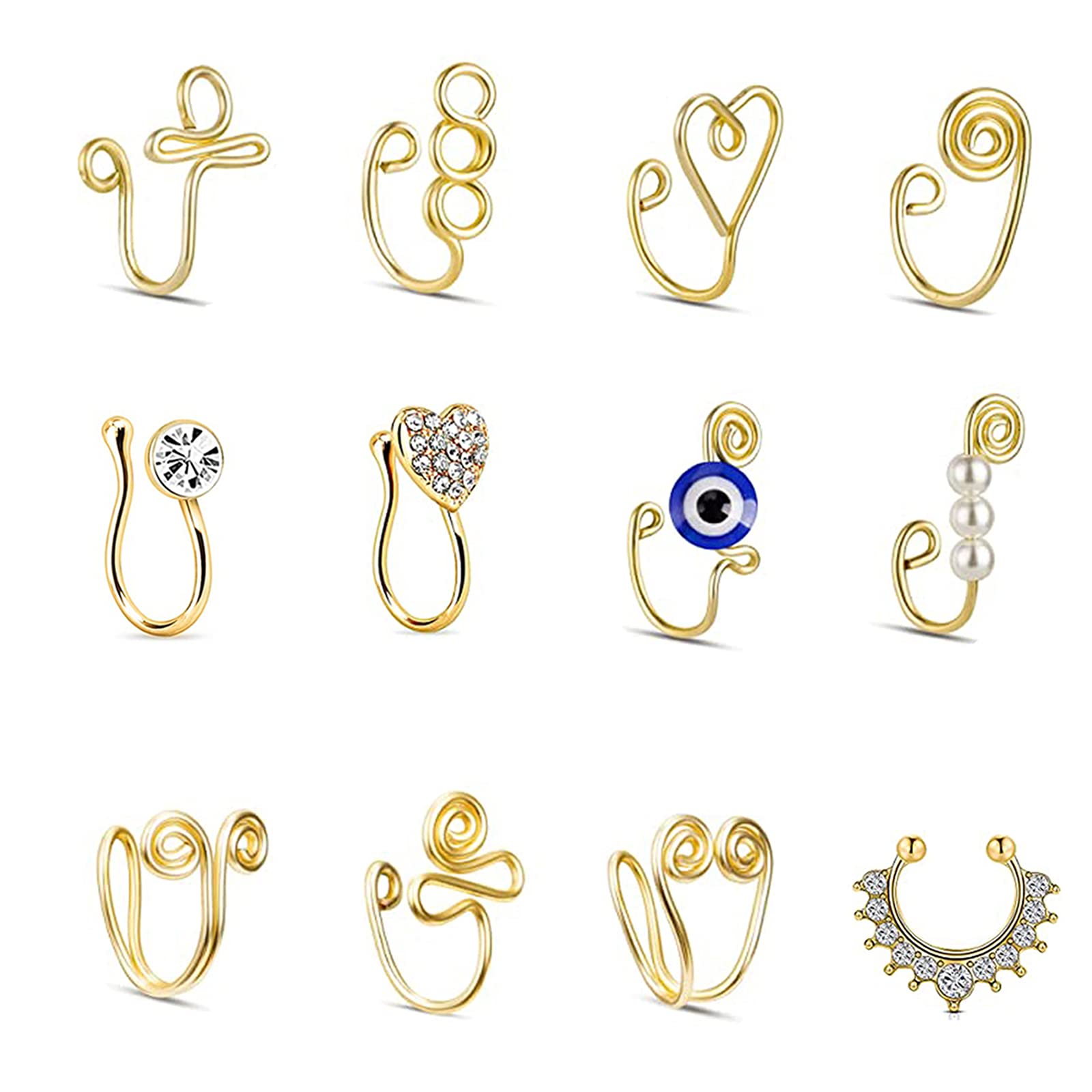 12 Pcs African Nose Cuff Non Piercing,Fake Nose Ring for Women, Nose Rings Hoop, Nose Ring Cuff Heart, Clip on Nose Ring