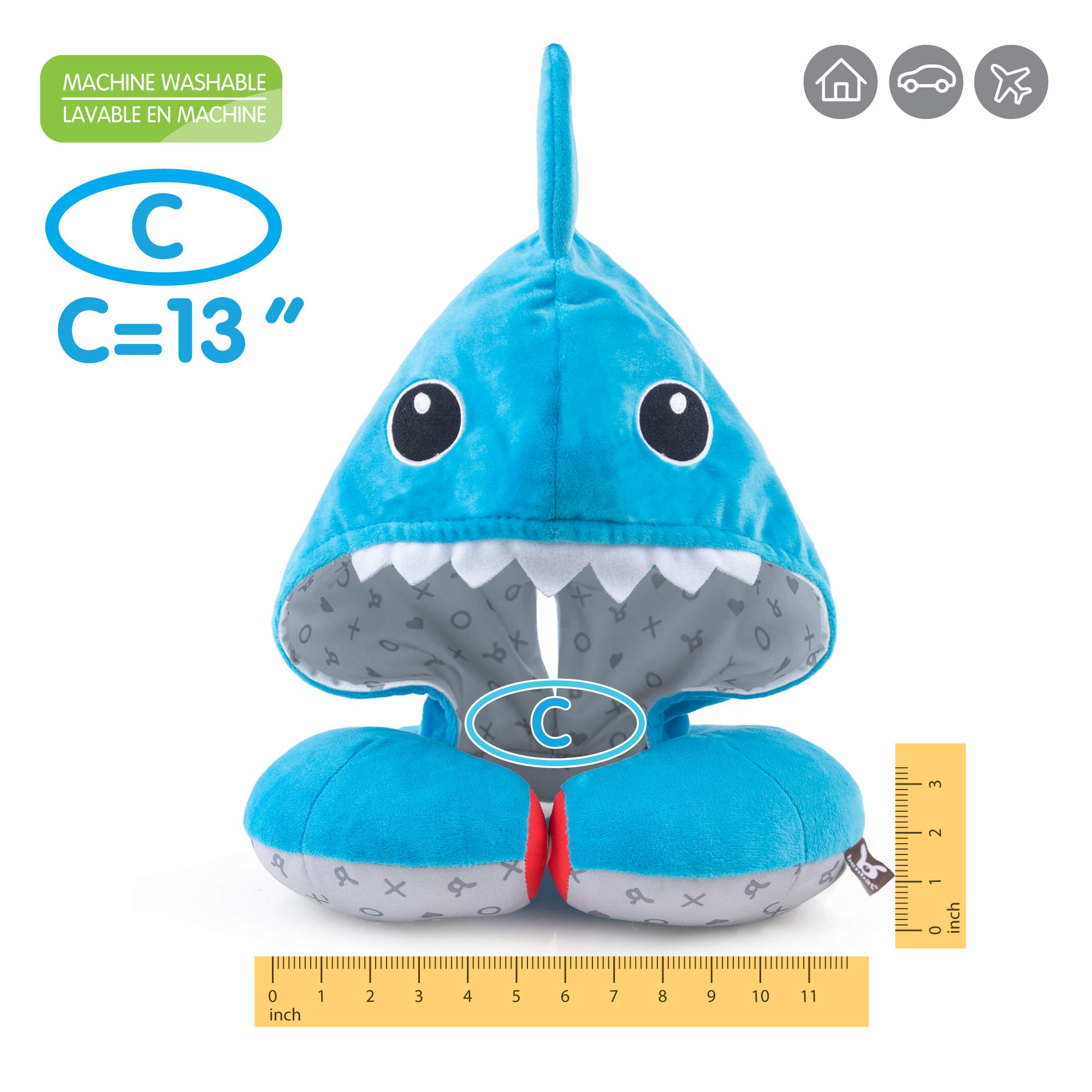 BENBAT Hooded Travel Pillow Neck Support β Soft, Polyester Total Car Seat Head Support for Children 4+ with Magnetic Closure and Ponytail Hole β Machine-Washable Travel Essentials (Shark)