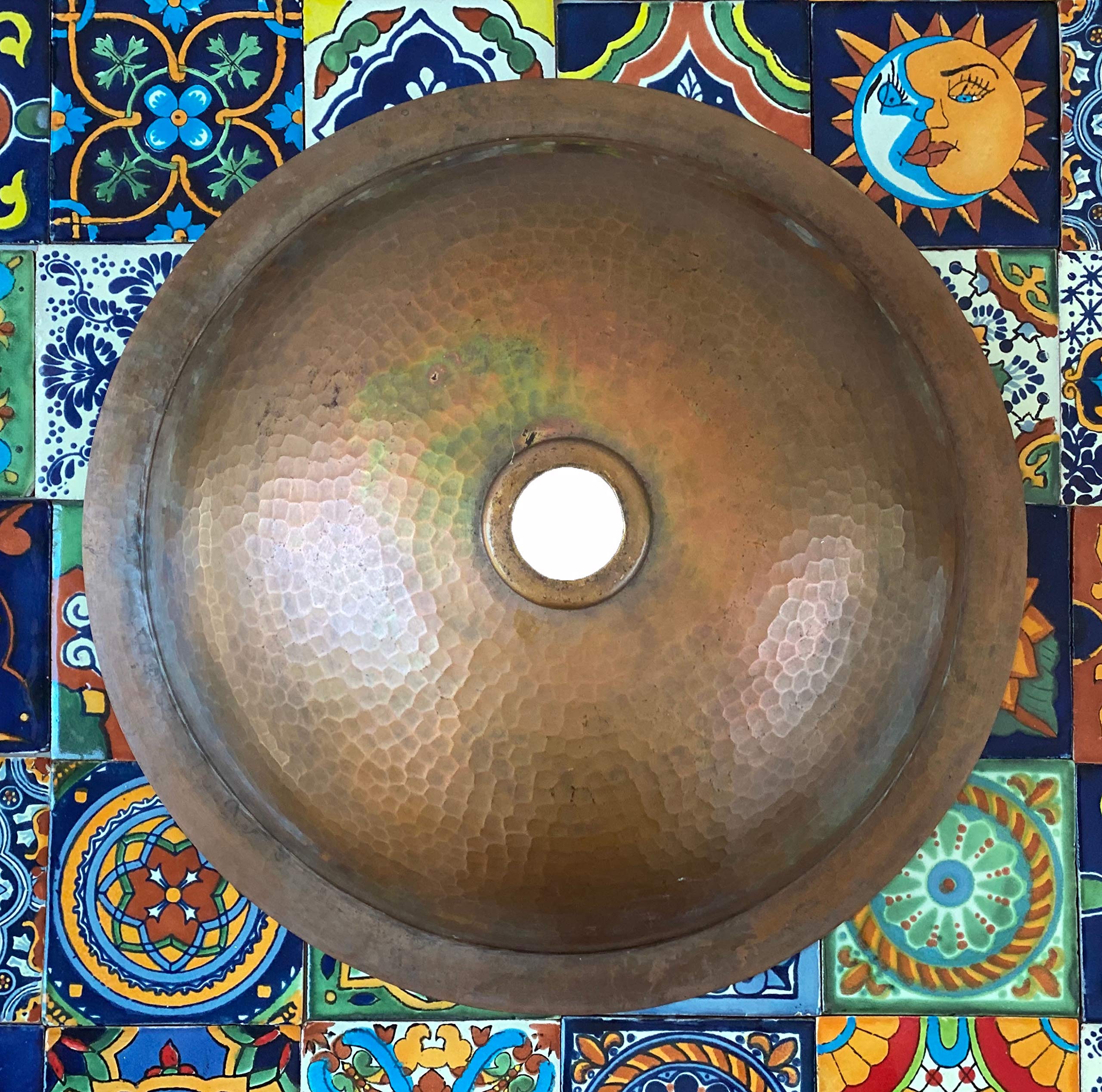 15" Round Copper Bathroom Sink Mexican Copper Bath Sink Pure Copper Hand Hammered Dual Mount Brown CPS06