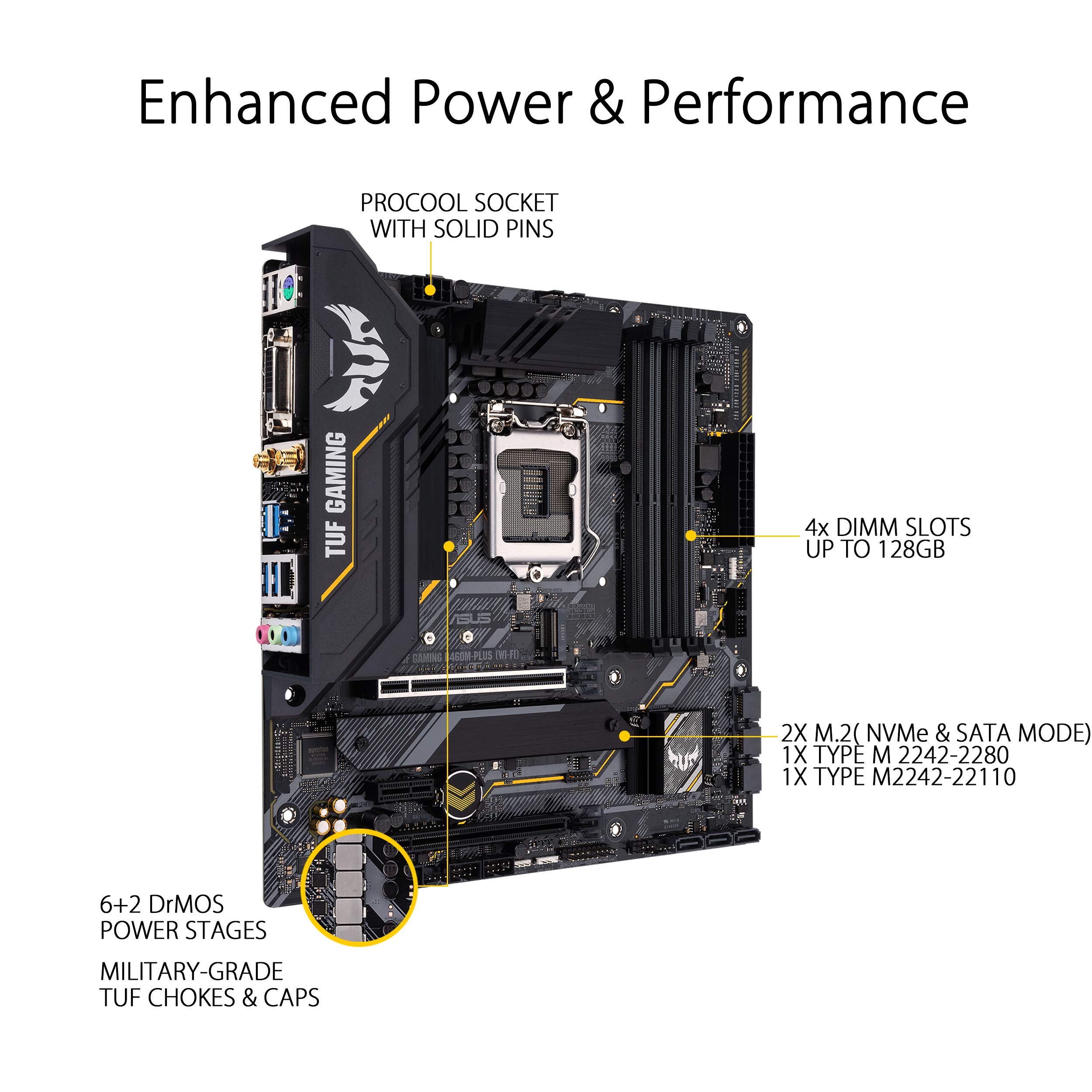 ASUS TUF Gaming B460M-Plus WiFi 6 LGA1200 (Intel® 10th Gen) Micro ATX Gaming Motherboard (Intel® 1Gb LAN, USB 3.2 gen 1 Front Panel Connector, addressable Gen 2 RGB Header, Aura Sync)