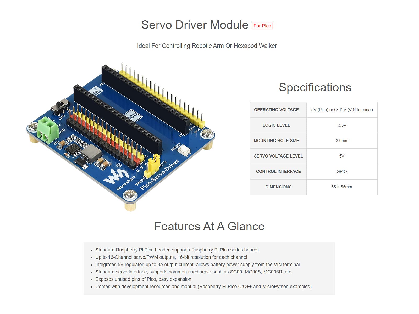 TOP1 Waveshare Raspberry Pi Pico Servo Drive Expansion Board Support 16 Channels 16-bit Resolution Standard Servo Interface 5V Voltage Regulator Chip