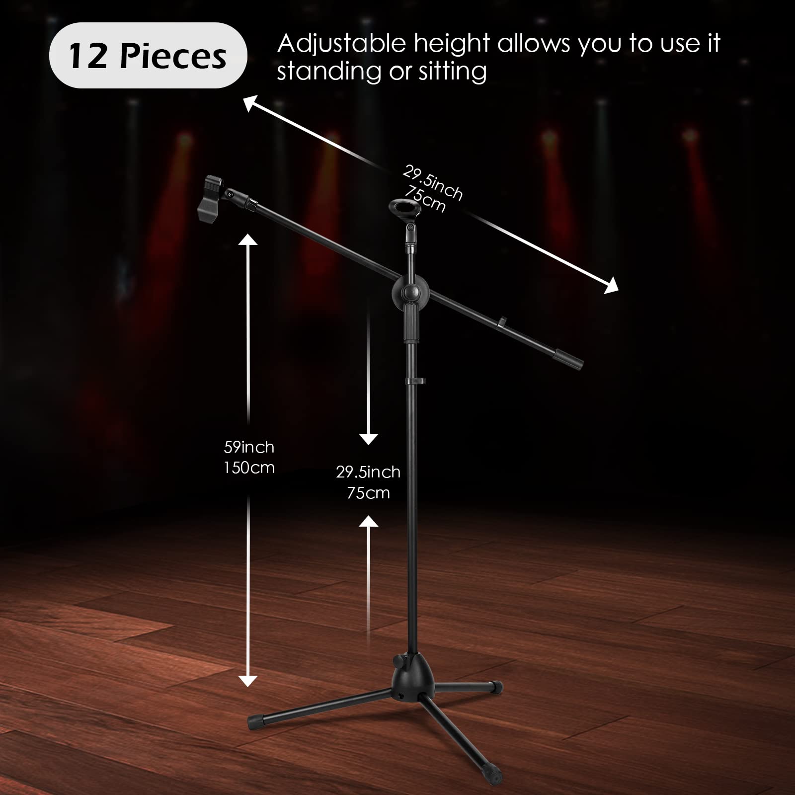 12 Pcs Microphone Stand Boom Bulk, Adjustable Height Tripod Mic Stand with Dual Mic Clip, Black Foldable Universal Heavy Duty Mic Tripod Holder for Live Stream Singing Stage