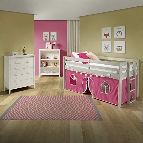 Alaterre Furniture Jasper Twin Junior Loft Bed, Dove Gray Frame and Pink/White Bottom Playhouse Tent