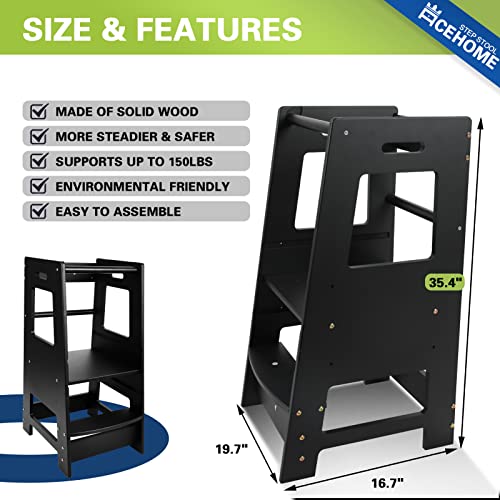ACEHOME Toddler Kitchen Stool, Toddler Tower with Safety Rail, Toddler Stool for Kitchen Counter, Adjustable Height Little Helper Tower, Kitchen Stool for Toddlers 18 Months and Older, Black