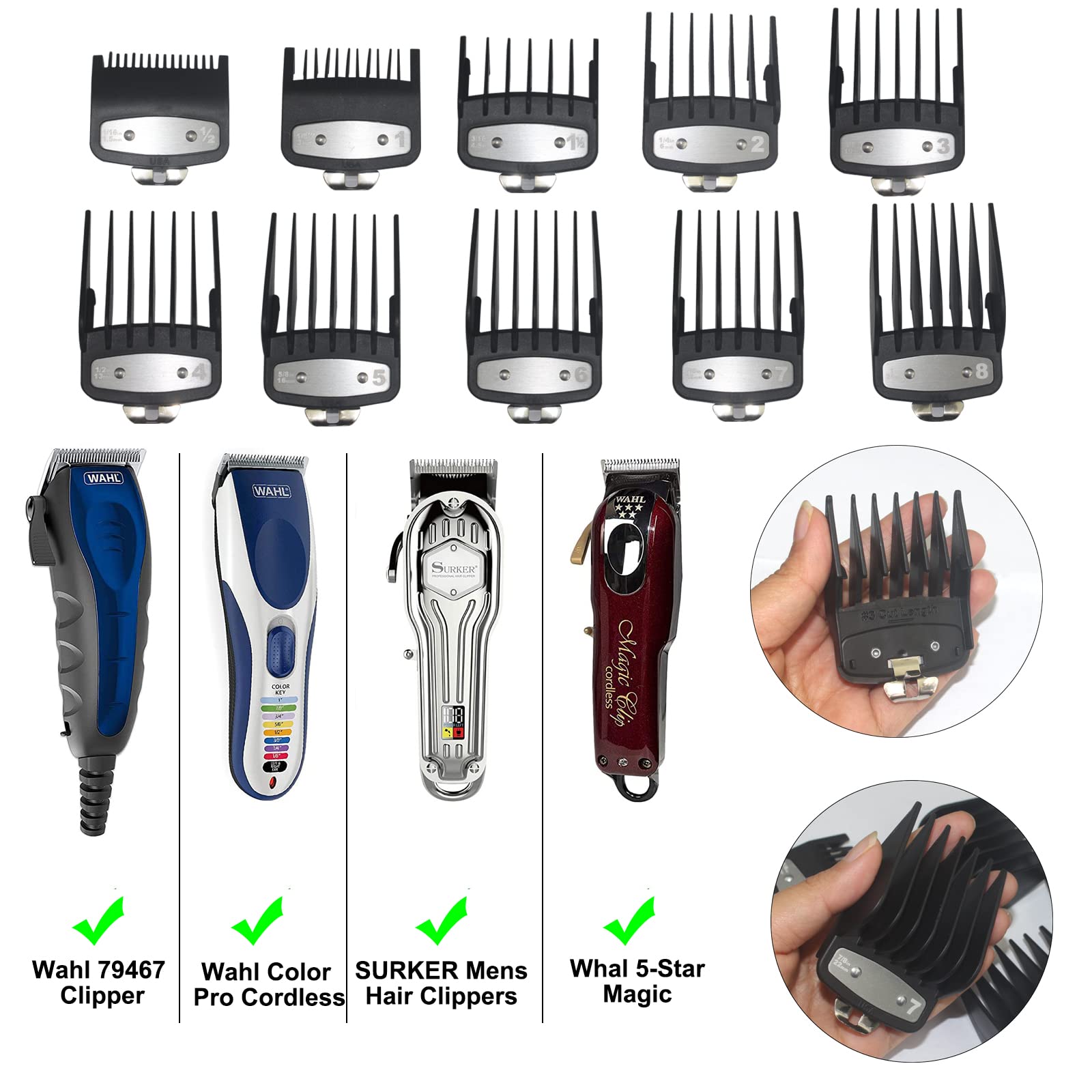 10 Pieces Clipper Guards Professional Hair Clipper Combs Guads Premium Cutting Guides with Metal Clip Fit All Full Size Wahl Clippers