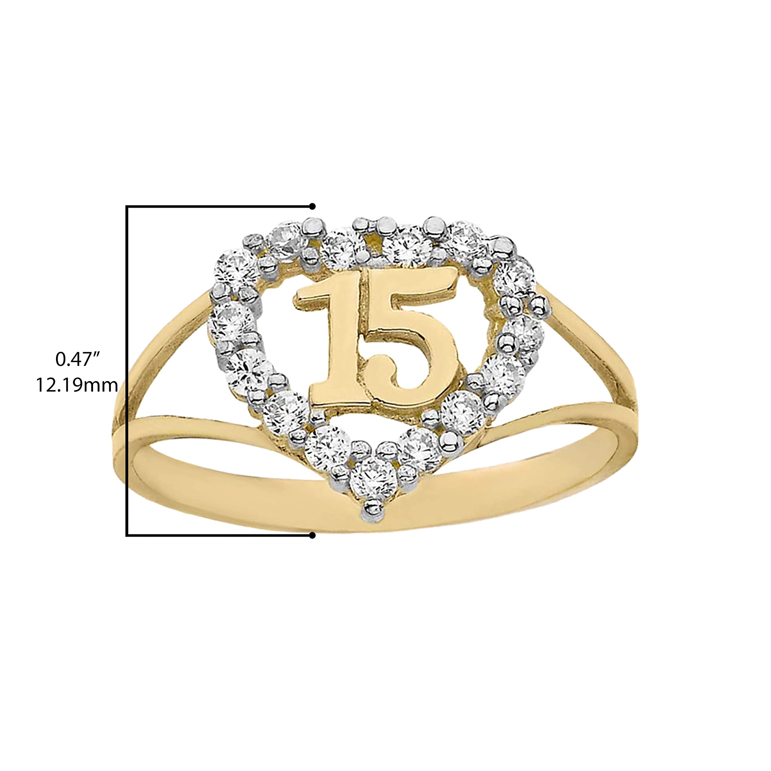 10K Yellow Gold Cubic Zirconia ‘15’ Fifteen Heart Ring, Size 6