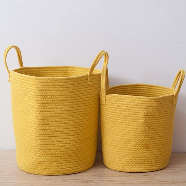 2 Pack Cotton Rope Basket with Handles, Woven Nursery Baby Laundry Basket, Blanket Basket for Living Room, Kids Toy Hamper