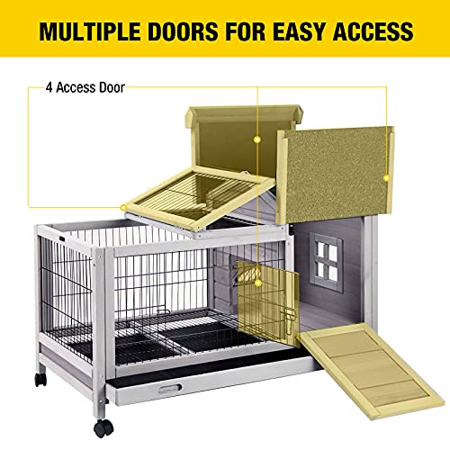 Aivituvin Wooden Rabbit Hutch with Removable Wire Floor Grid, Bunny Cage with Deeper Leakproof Tray - 4 Wheels Include