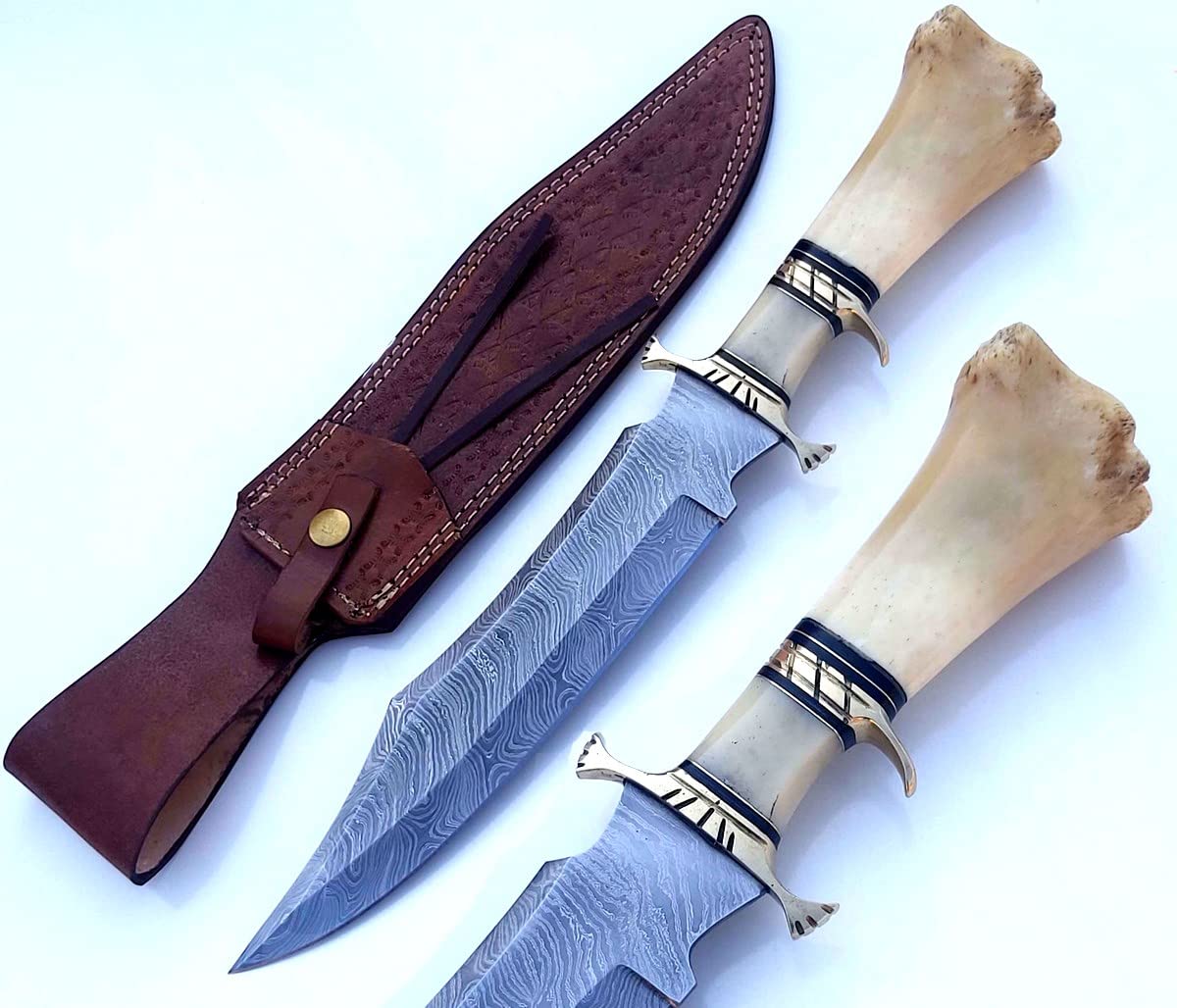 15" Custom Handmade Damascus Steel Twisted Pattern Hunting Camping Survival Bowie Knife Camel Bone Handle With Lather Sheath