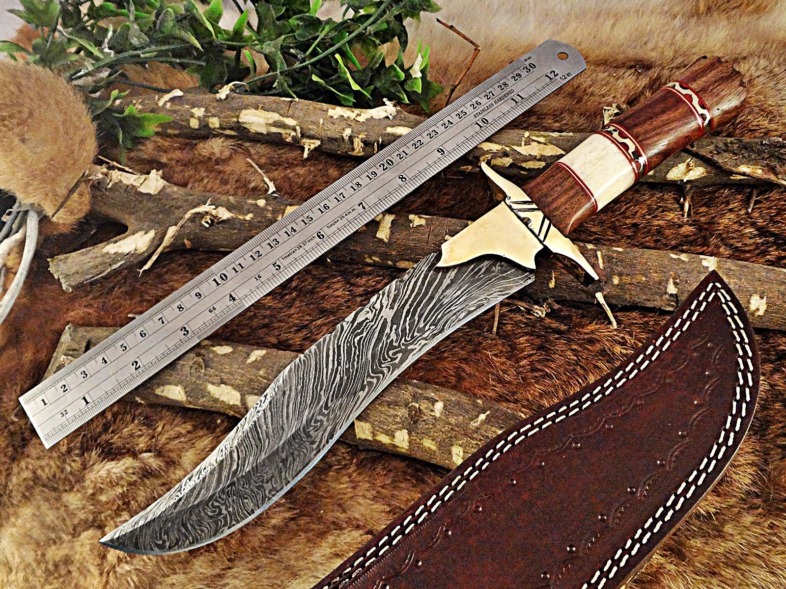 15" Long hand forged Damascus steel hunting Knife, Natural camel Bone and Walnut wood with engraved brass handle, Cow hide Leather sheath with belt loop