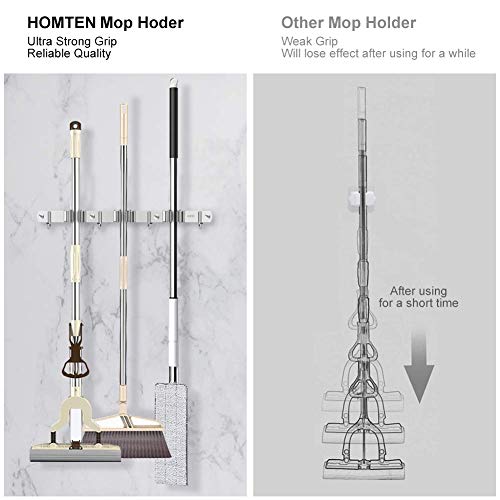 Broom Mop Holder Wall Mount 16" Installation Broom Mop Hanger Organizer Stainless Steel 3 Racks 4 Hooks for Bathroom Kitchen Office Closet Garden