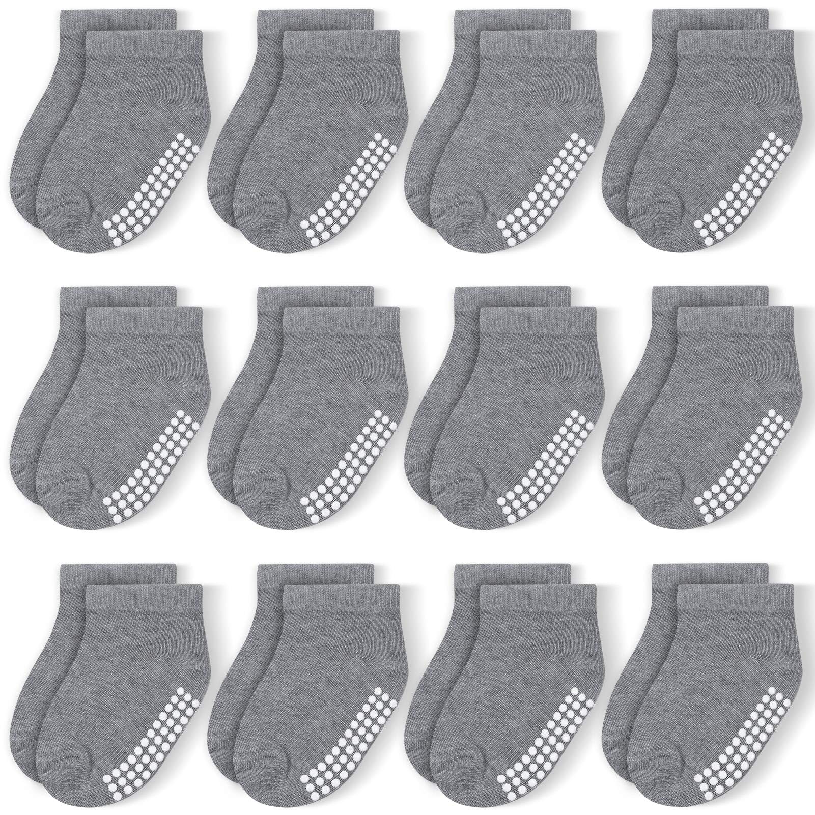 JAKIDAR 12 Pairs Baby Socks Non-Slip Toddler Socks With Grips for Baby Boys Girls - Ankle Low Cut Cotton Socks for Babe and Kids, Gray 12-24M