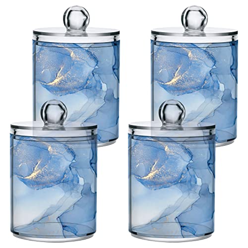 2 Pack Qtip Holder Organizer Dispenser Blue Marble Ink Modern Fluid Art Bathroom Storage Canister Cotton Ball Holder Bathroom Containers for Cotton Swabs/Pads/Floss