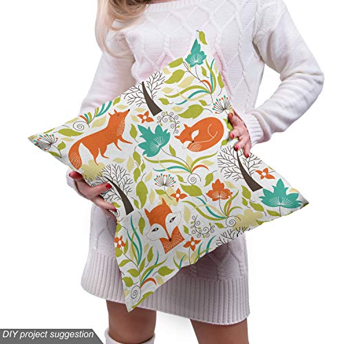 Ambesonne Cartoon Fabric by The Yard, Wild Fox Wolf with Leaves Flowers and Leafless Trees Print, Decorative Fabric for Upholstery and Home Accents, 1 Yard, Orange Green and Blue
