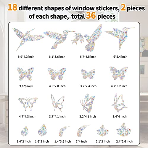 36 Pieces Window Decals for Bird Strikes, Window Clings Prevent Birds from Hitting Windows Suncatcher Stickers(Bird, Butterfly, Feather, Leaf)