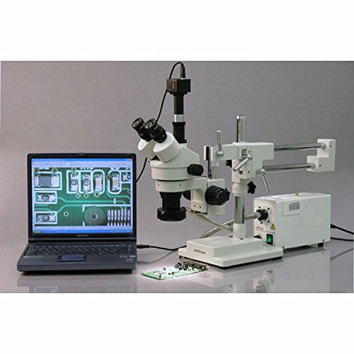 AmScope SM-4T Professional Trinocular Stereo Zoom Microscope, WH10x Eyepieces, 7X-45X Magnification, 0.7X-4.5X Zoom Objective, Ambient Lighting, Double-Arm Boom Stand