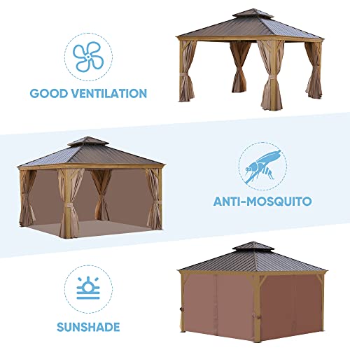 12 * 12FT Hardtop Gazebo Pavilion Aluminum Frame with Galvanized Steel Canopy Outdoor Permanent Gazebo with Netting and Curtains Deck Backyard Heavy Duty Sunshade Large Metal Patio Gazebo, Brown