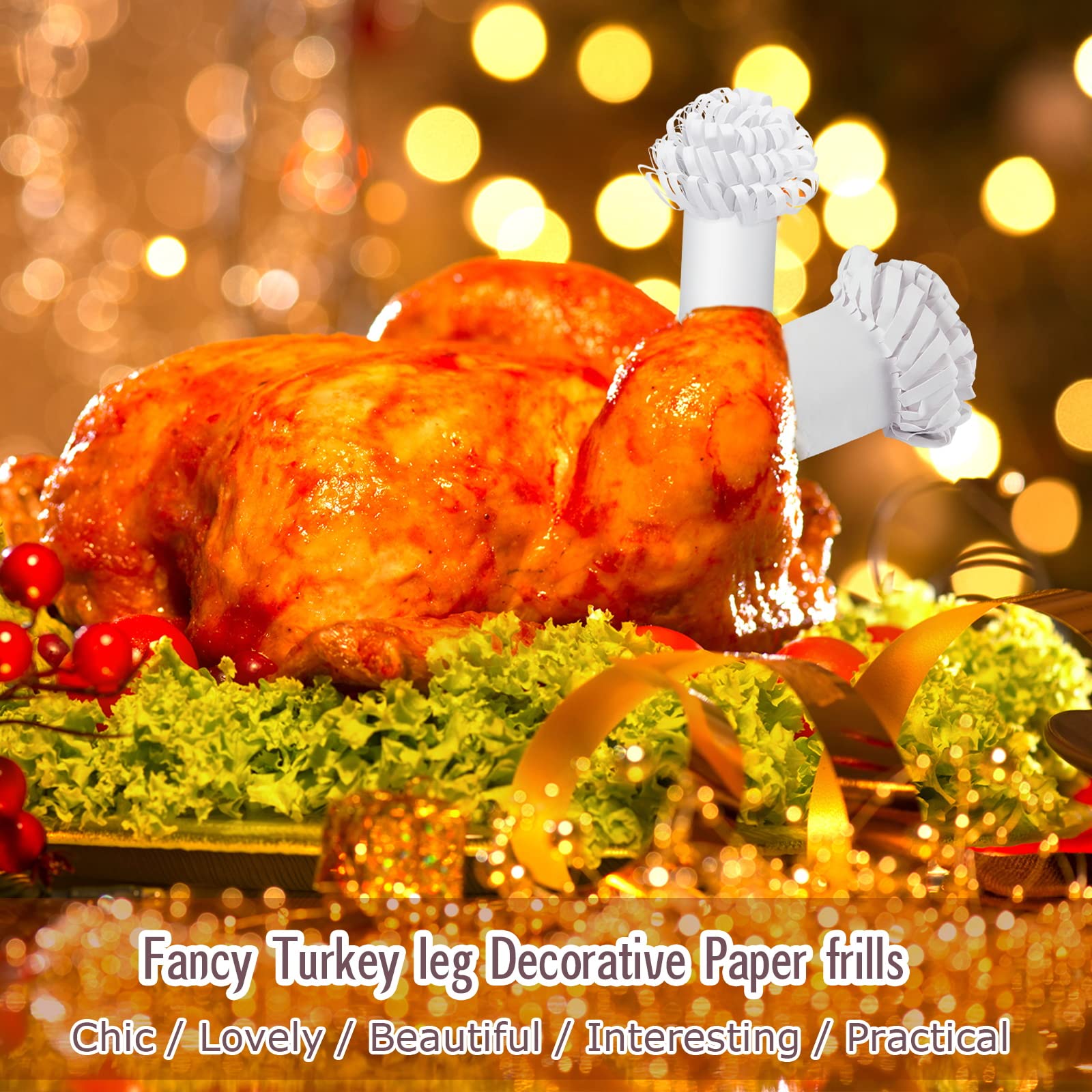 12 Pcs Paper Frills Decorative Holders for Turkey Legs Chops White Paper Pork Lamb Chop Frills Decorative Small Chicken Leg Holders, 2 Sizes
